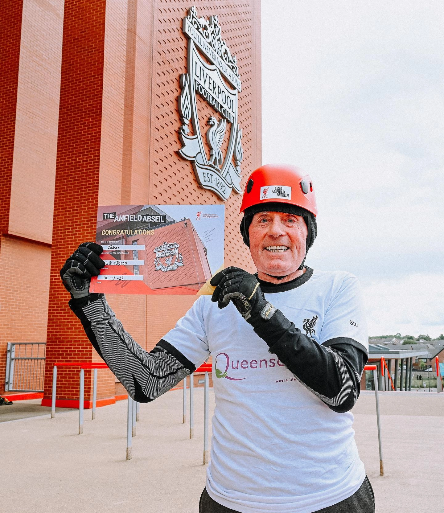 Great-grandfather becomes oldest person to take on The Anfield Abseil ...