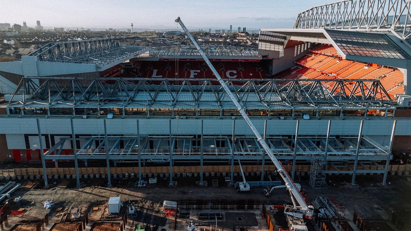 Anfield Road Stand redevelopment continues with steelworks installed ...